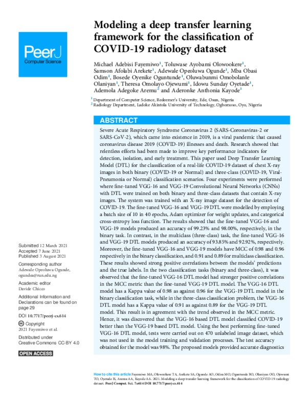 (PDF) Modeling a deep transfer learning framework for the classification of COVID-19 radiology ...
