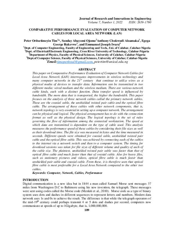 (PDF) COMPARATIVE PERFORMANCE EVALUATION OF COMPUTER NETWORK CABLES FOR ...