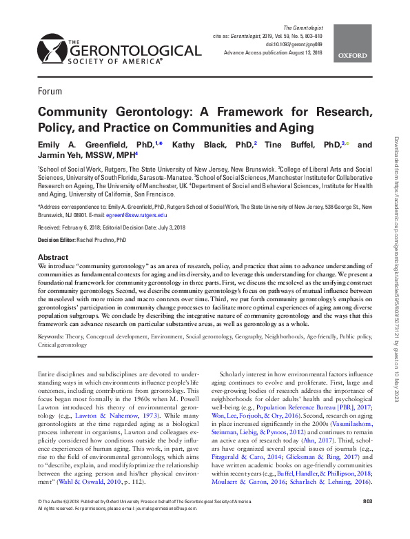 (PDF) Community Gerontology: A Framework for Research, Policy, and ...