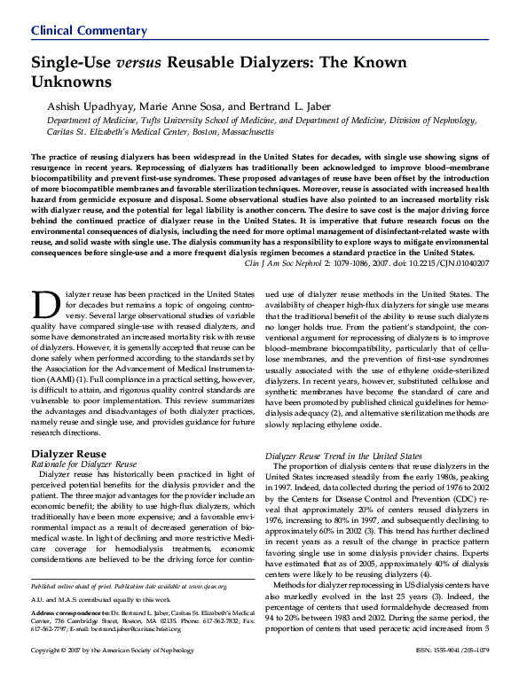 (PDF) Single-Use versus Reusable Dialyzers