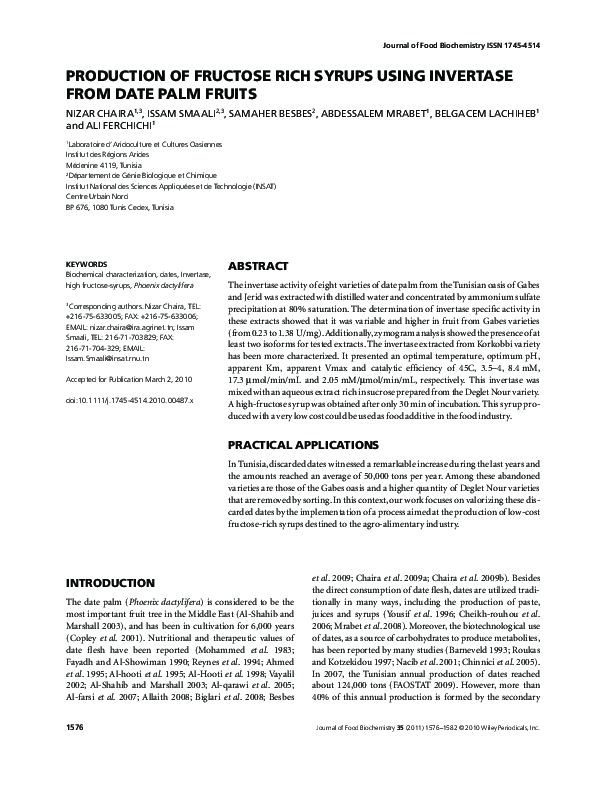 (PDF) Production of Fructose Rich Syrups Using Invertase from Date Palm ...