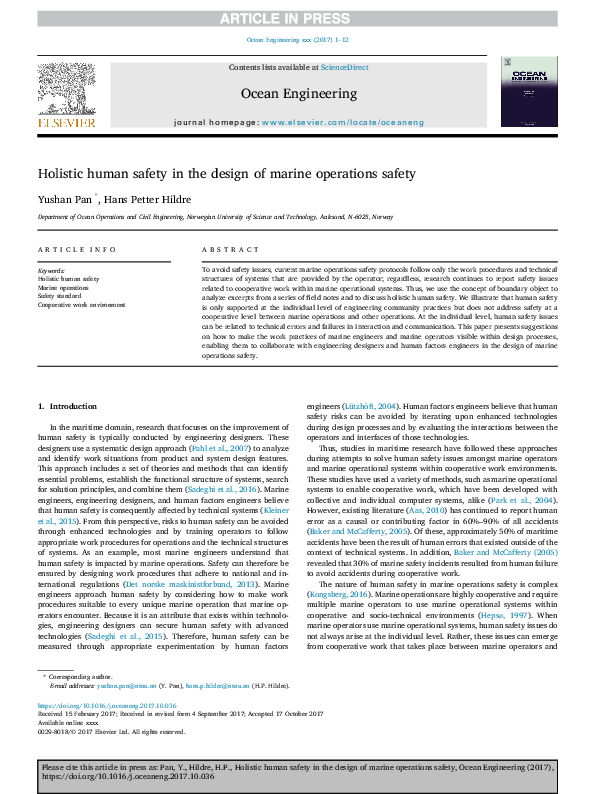 (PDF) Holistic human safety in the design of marine operations safety