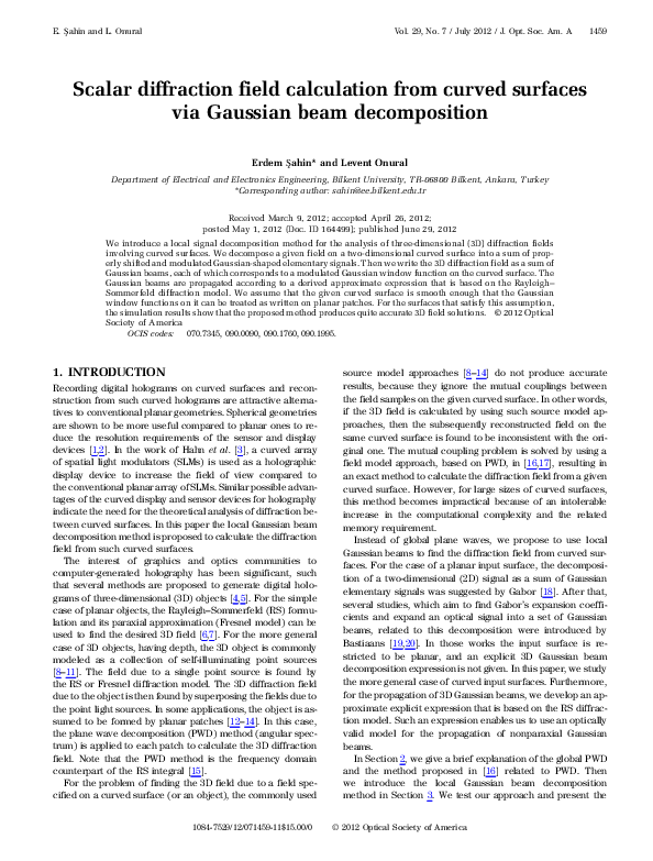 Pdf Scalar Diffraction Field Calculation From Curved Surfaces Via Gaussian Beam Decomposition