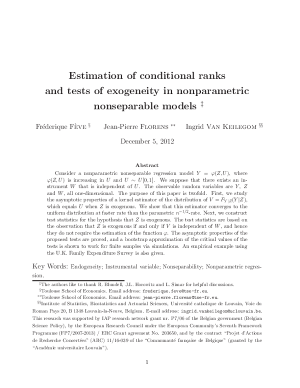 Pdf Estimation Of Conditional Ranks And Tests Of Exogeneity In