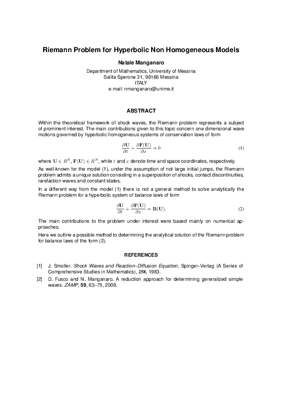(PDF) Riemann Problem for Hyperbolic Non Homogeneous Models