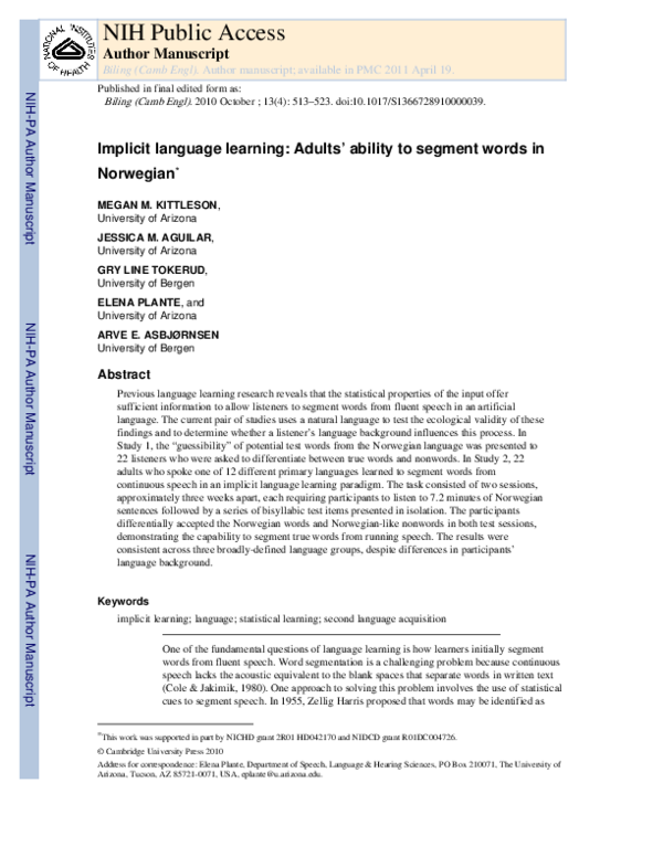 (PDF) Implicit language learning: Adults' ability to segment words in ...