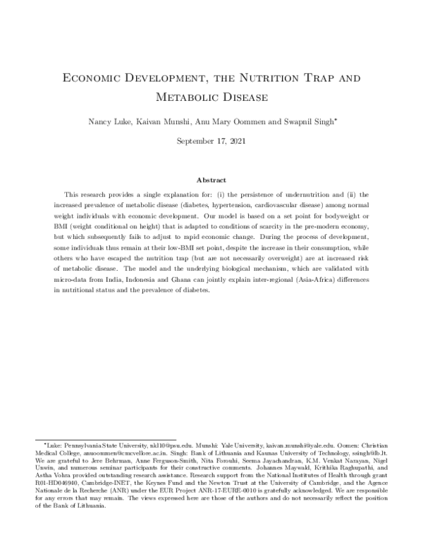 (PDF) Economic Development, the Nutrition Trap and Metabolic Disease