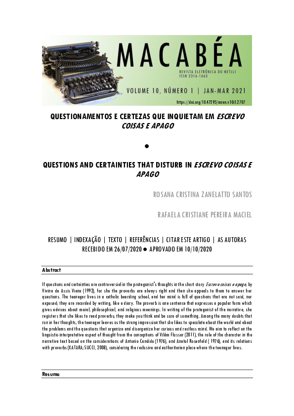 (PDF) Questionamentos e Certezas Que Inquietam Em Escrevo Coisas e Apago