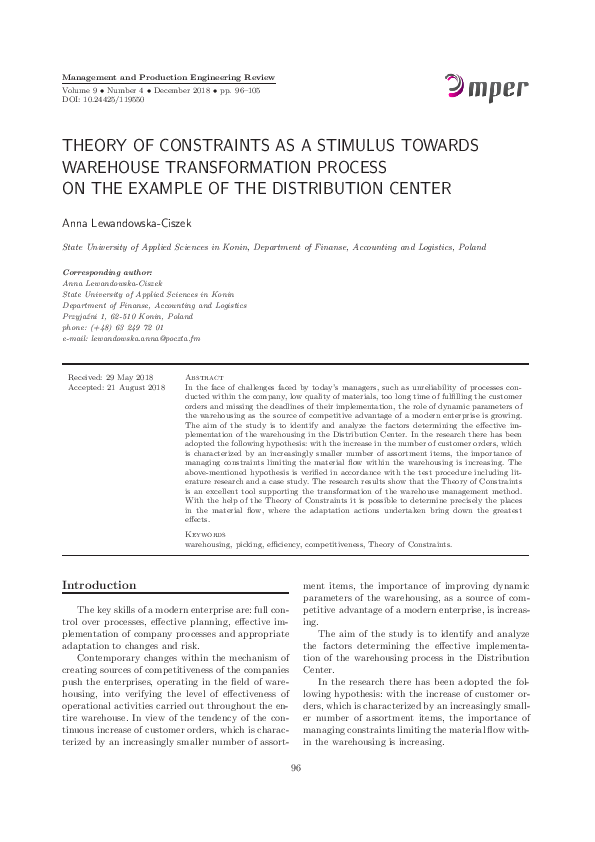 (PDF) Theory of Constraints as a stimulus towards warehouse transformation process on the ...