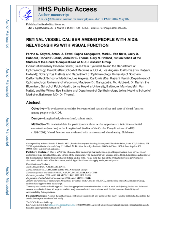 (PDF) Retinal Vessel Caliber Among People With Acquired ...