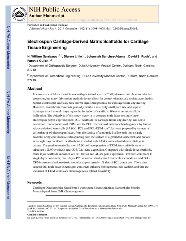 (PDF) Electrospun cartilage-derived matrix scaffolds for cartilage tissue engineering