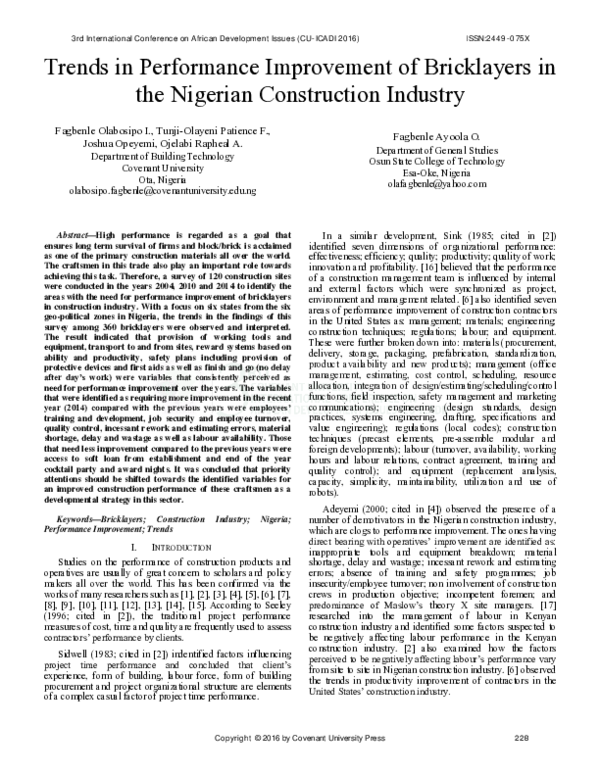 (PDF) Trends in Performance Improvement of Bricklayers inthe Nigerian Construction Industry