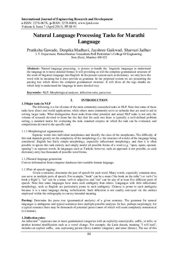 (PDF) Natural Language Processing Tasks for Marathi Language (PDF) Natural Language Processing Tasks for Marathi Language
