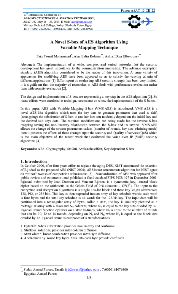 Pdf A Novel S Box Of Aes Algorithm Using Variable Mapping Technique