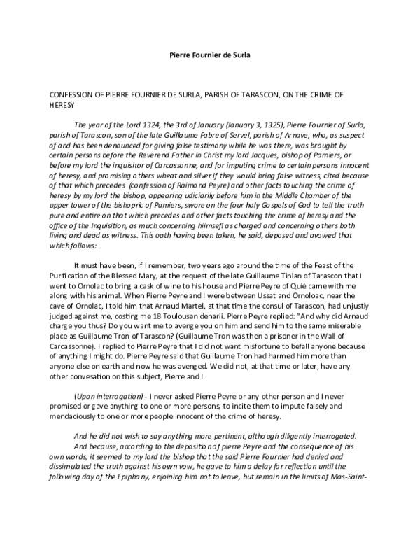 (DOC) CONFESSION OF PIERRE FOURNIER DE SURLA, PARISH OF TARASCON, ON ...