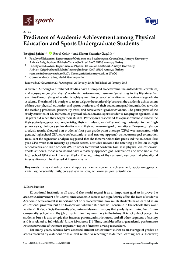 (PDF) Predictors of Academic Achievement among Physical Education and ...