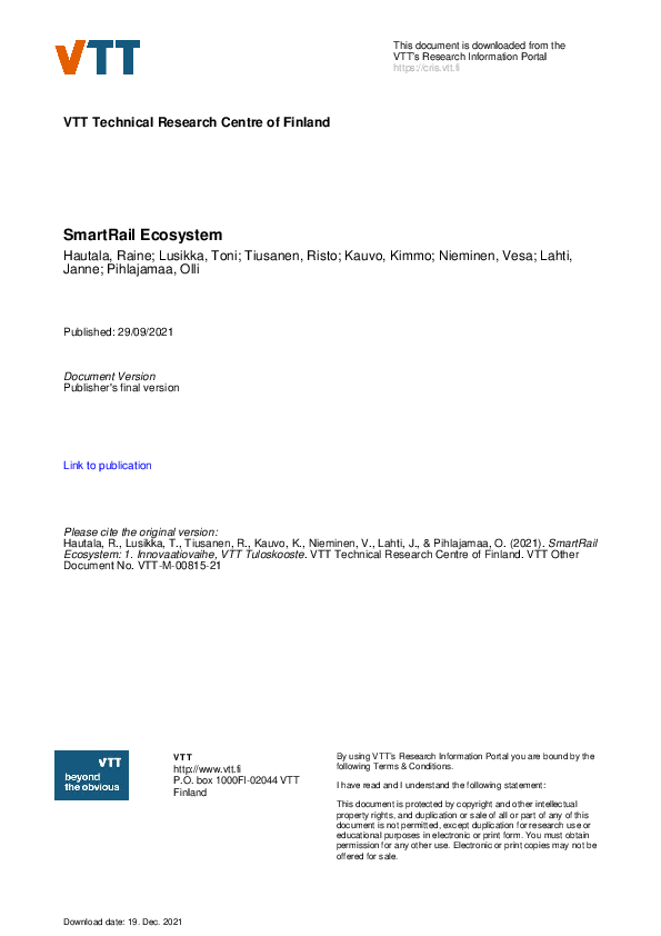 (PDF) SmartRail Ecosystem: 1. Innovaatiovaihe, VTT Tuloskooste