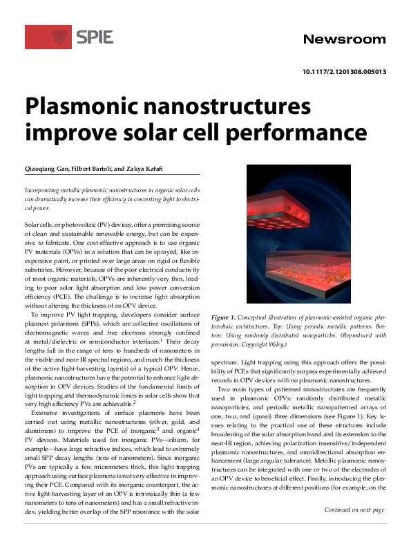 (PDF) Plasmonic nanostructures improve solar cell performance