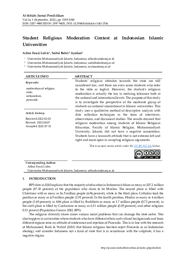 (PDF) Student Religious Moderation Contest at Indonesian Islamic ...