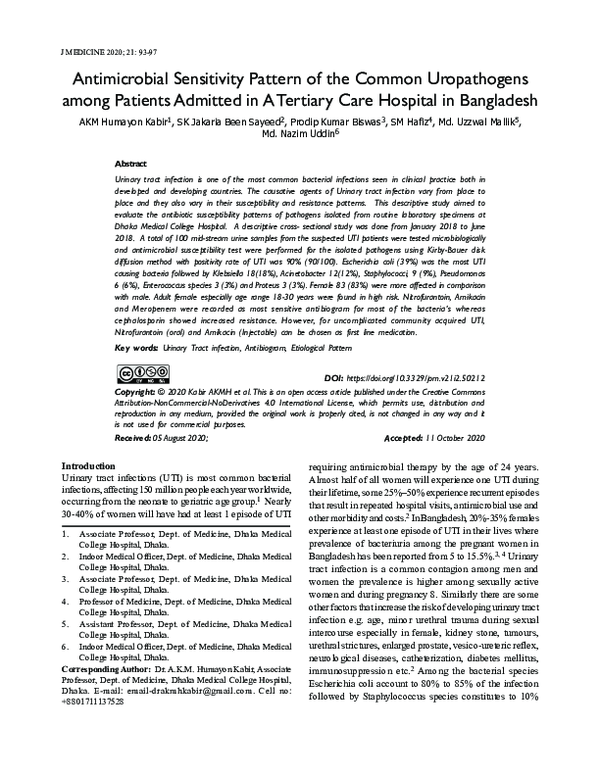 (PDF) Antimicrobial Sensitivity Pattern of the Common Uropathogens among Patients Admitted in A ...