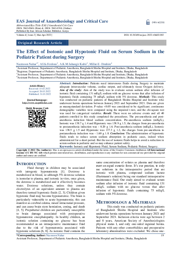 (PDF) The Effect of Isotonic and Hypotonic Fluid on Serum Sodium in the ...
