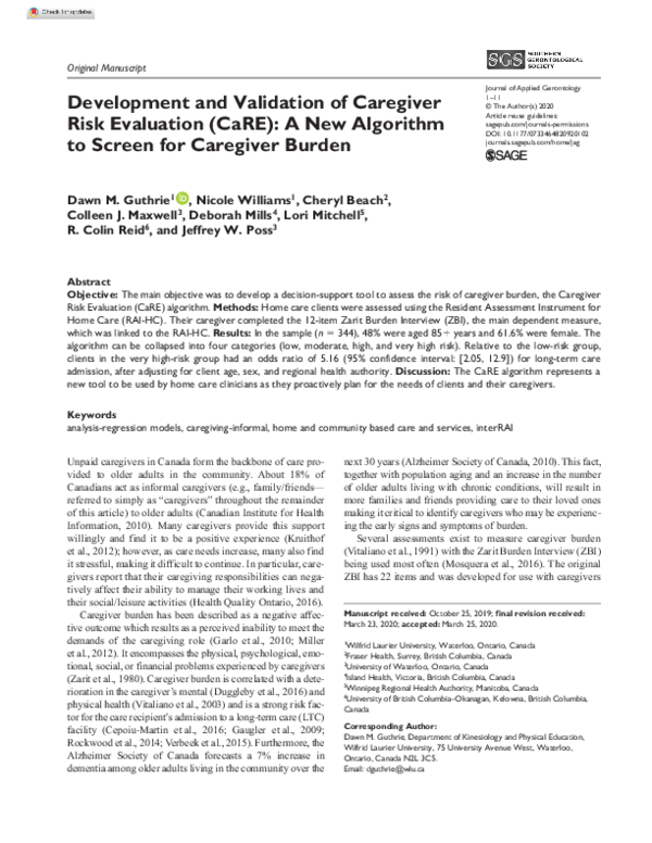 (PDF) Development and Validation of Caregiver Risk Evaluation (CaRE): A New Algorithm to Screen ...