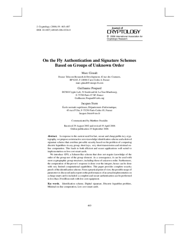 (PDF) On the Fly Authentication and Signature Schemes Based on Groups of Unknown Order