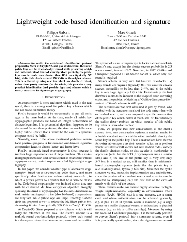 (PDF) Lightweight code-based identification and signature