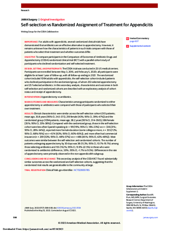 (PDF) Self-selection vs Randomized Assignment of Treatment for Appendicitis