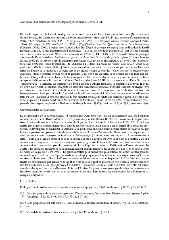(DOC) Recension de Jean Duns Scot, Questions sur la Métaphysique, Actu ...