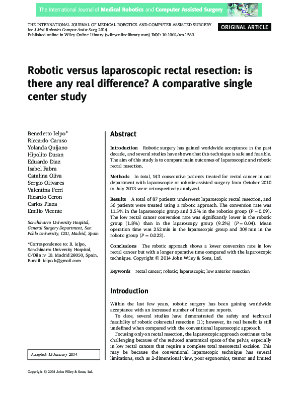 (PDF) Robotic versus laparoscopic rectal resection: is there any real difference? A comparative ...