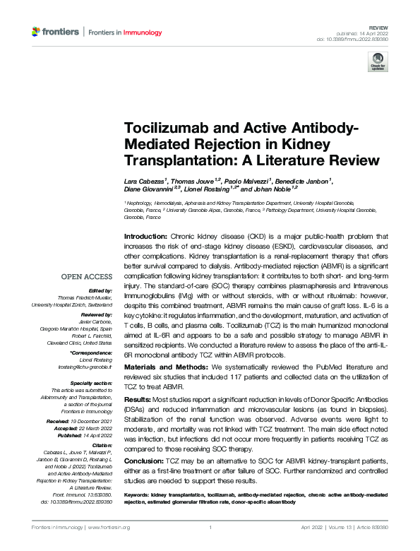 (PDF) Tocilizumab and Active Antibody-Mediated Rejection in Kidney Transplantation: A Literature ...