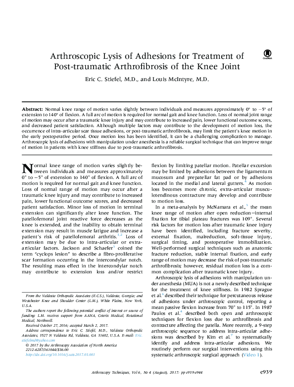 (PDF) Arthroscopic Lysis of Adhesions for Treatment of Post-traumatic ...