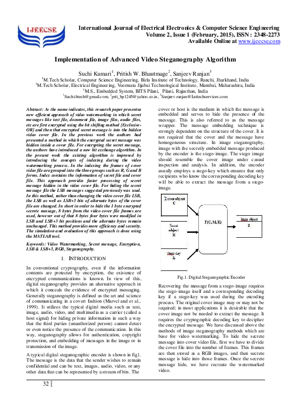 Pdf Implementation Of Advanced Video Steganography Algorithm Sanjeev Ranjan