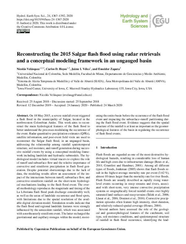 (PDF) Reconstructing the 2015 Salgar flash flood using radar retrievals and a conceptual ...