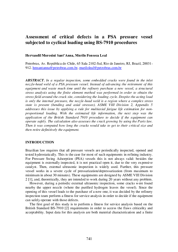 (PDF) Assessment of critical defects in a PSA pressure vessel subjected ...