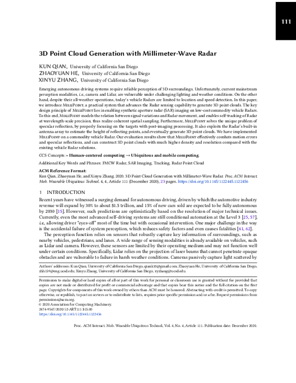 (PDF) 3D Point Cloud Generation with Millimeter-Wave Radar