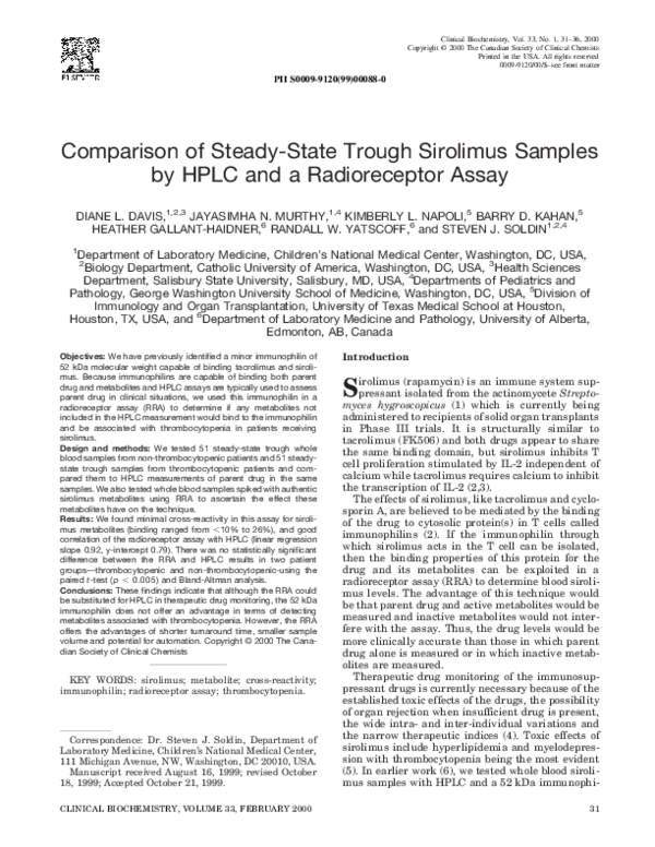 (PDF) Comparison of steady-state trough sirolimus samples by HPLC and a ...