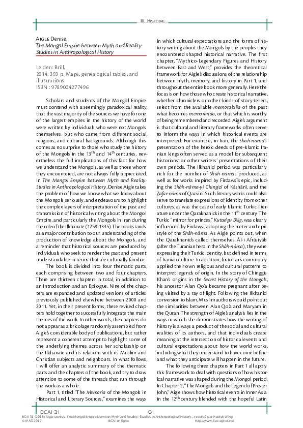 (PDF) Review of Aigle Denise: The Mongol Empire between Myth and Reality: Studies in ...