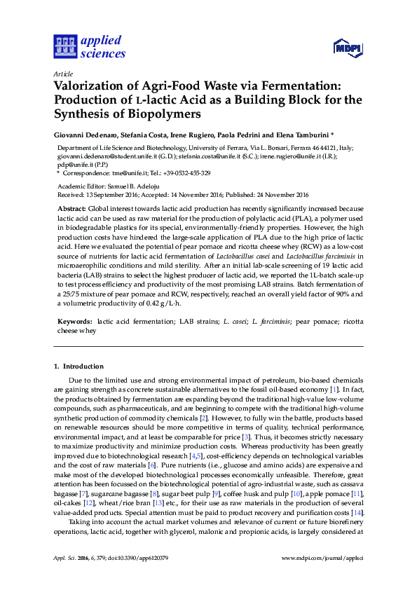 (PDF) Valorization of Agri-Food Waste via Fermentation: Production of l-lactic Acid as a ...