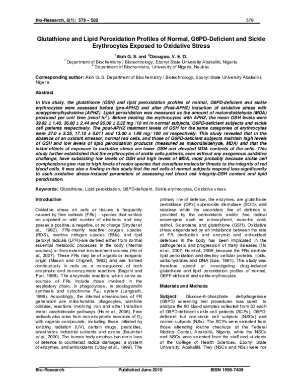 (PDF) Glutathione and Lipid Peroxidation Profiles of Normal, G6PD-Deficient and Sickle ...
