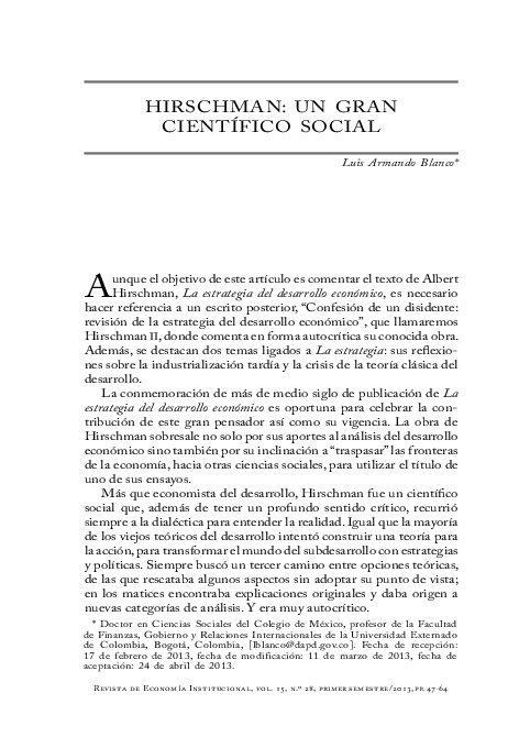 (PDF) Hirschman: Un Gran Científico Social (Hirschman: A Great Social ...