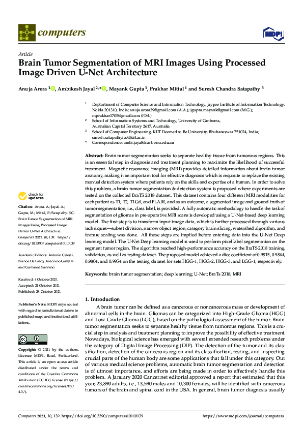 Pdf Brain Tumor Segmentation Of Mri Images Using Processed Image Driven U Net Architecture