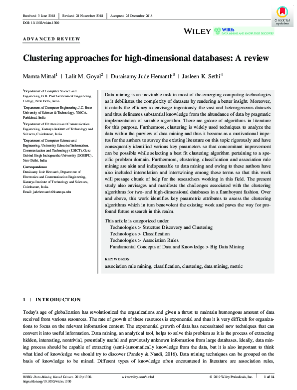 (PDF) Clustering approaches for high‐dimensional databases: A review
