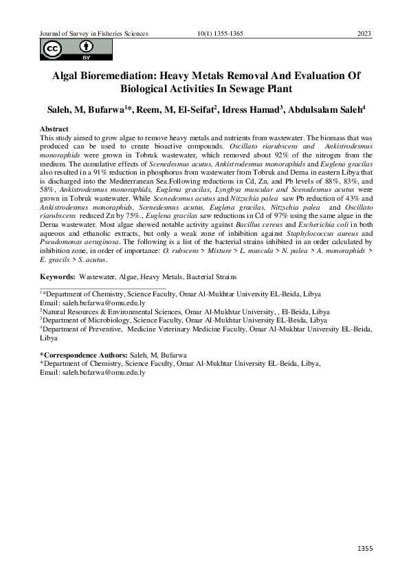 (PDF) Algal Bioremediation: Heavy Metals Removal And Evaluation Of ...