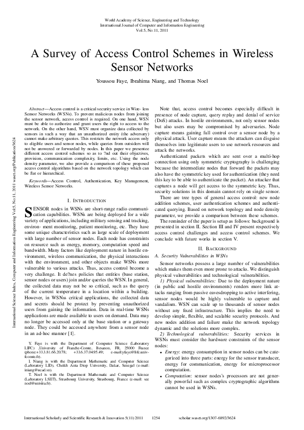 (PDF) A Survey Of Access Control Schemes In Wireless Sensor Networks