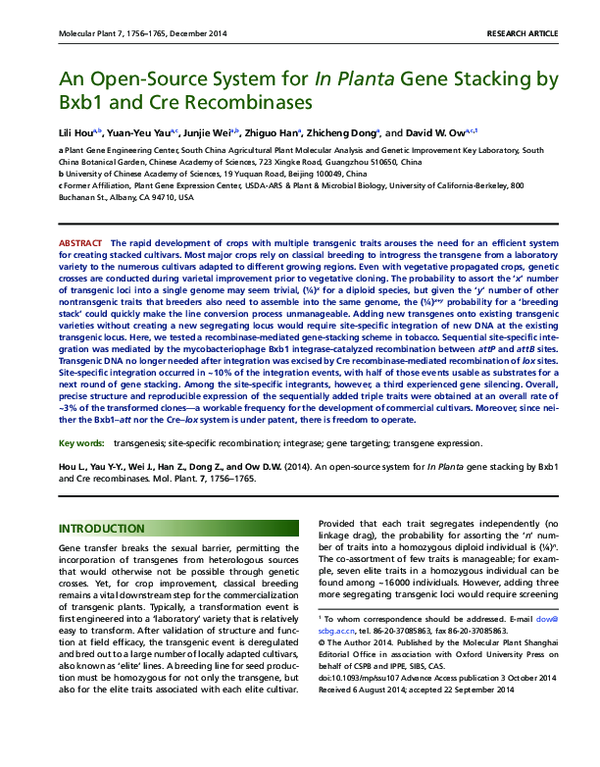 (PDF) An Open-Source System for In Planta Gene Stacking by Bxb1 and Cre ...