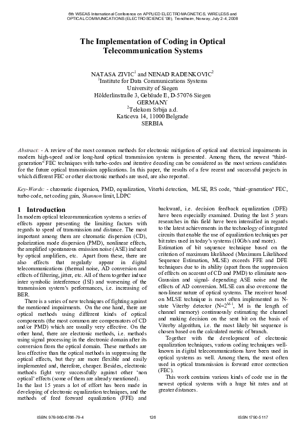 Pdf The Implementation Of Coding In Optical Telecommunication Systems
