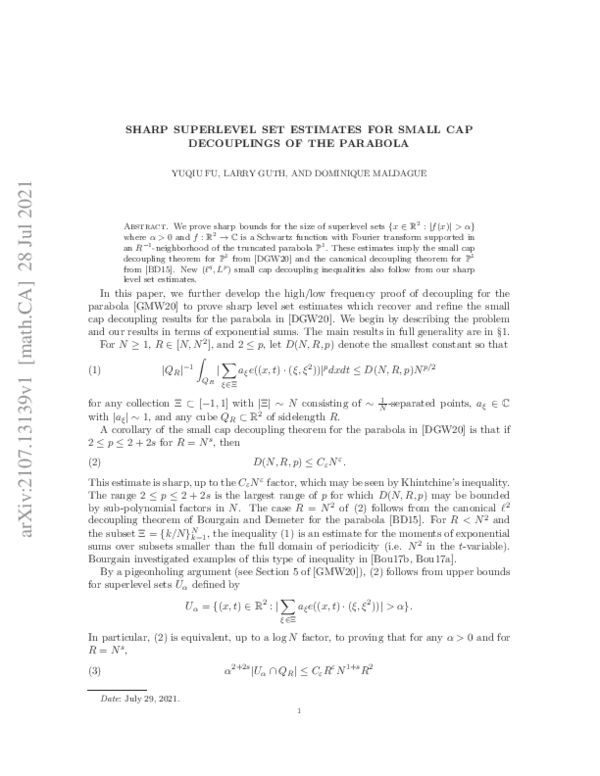 (PDF) Sharp superlevel set estimates for small cap decouplings of the ...