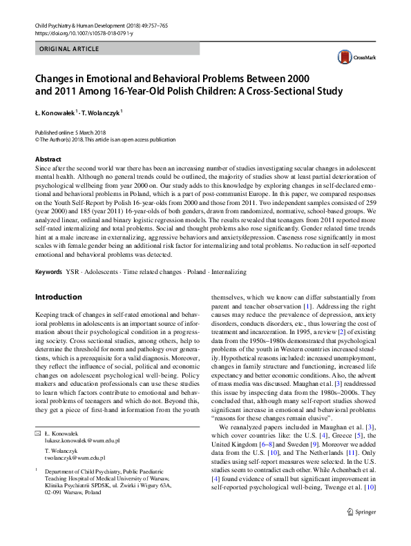 (PDF) Changes in Emotional and Behavioral Problems Between 2000 and 2011 Among 16-Year-Old ...